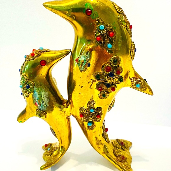 Accents | Vintage Brass Dolphins Figurine With Small Gemstones Very ...